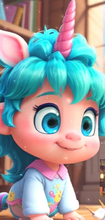 Adorable Blue-Haired Unicorn Child - free download