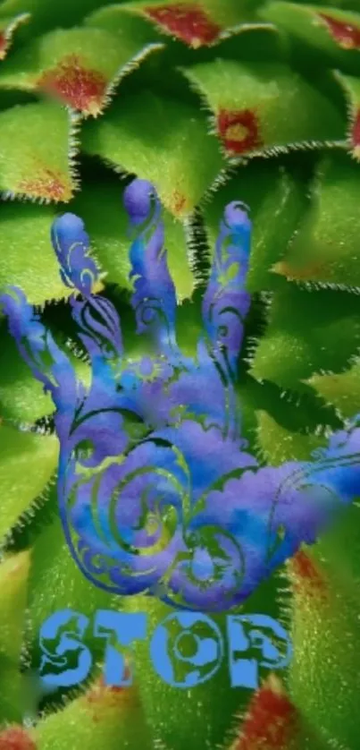 Blue Hand Art on Green Leaves - free download