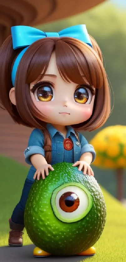 Charming Chibi Girl with Green Creature - free download