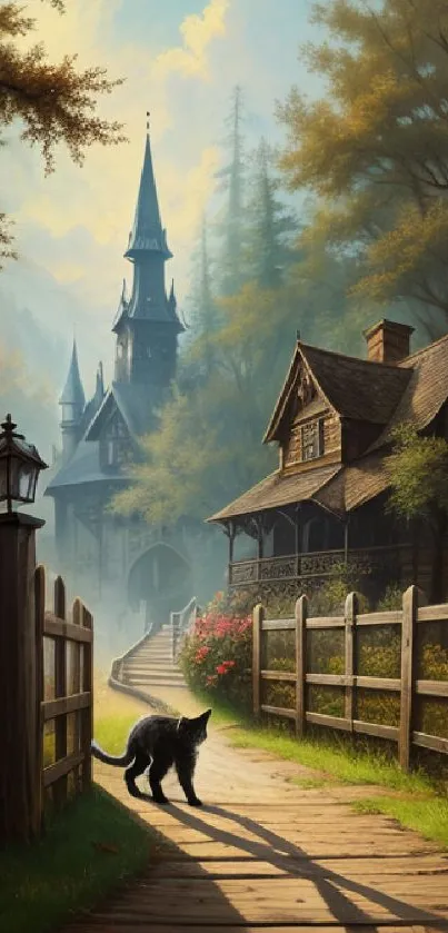 Charming Cottage and Cat Wallpaper - free download