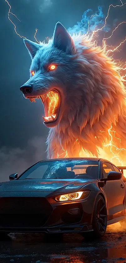 Electric Wolf And A Black Sport Car Live Wallpaper