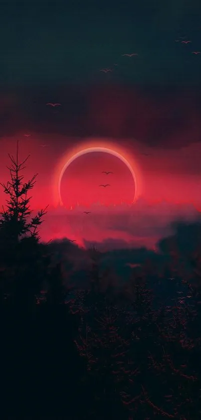 Ethereal Red Eclipse Forest Art - free download