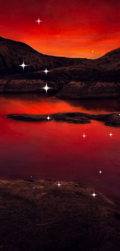 Fiery Red Sky Lake Scene - free download