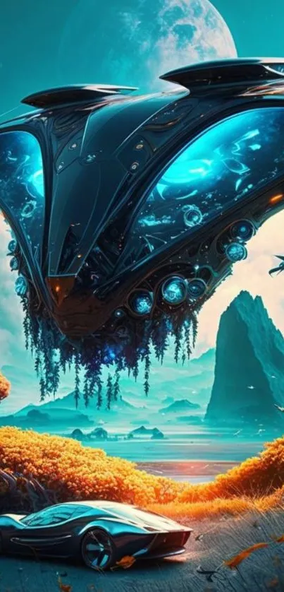 Futuristic Landscape with Spaceship - free download
