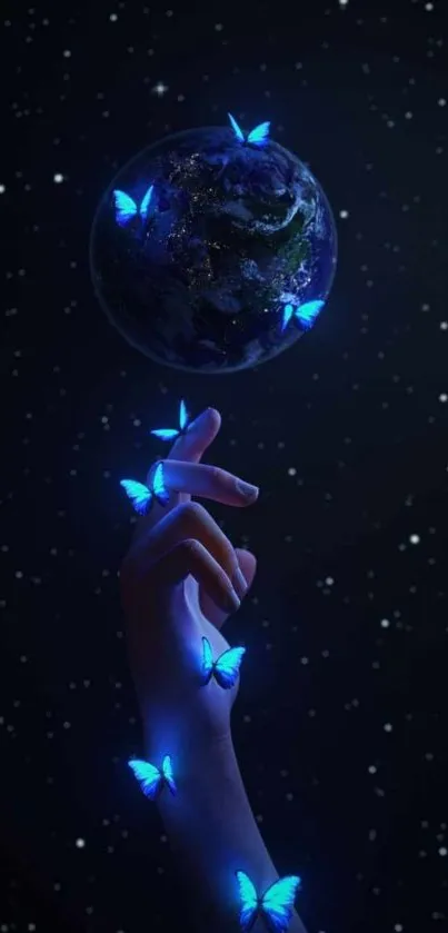 Galaxy Hand with Blue Butterflies - free download