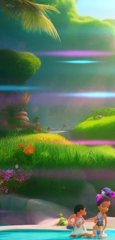 Lush Oasis Cartoon Landscape - free download