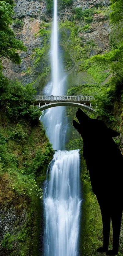 Majestic Waterfall with Wolf Silhouette - free download