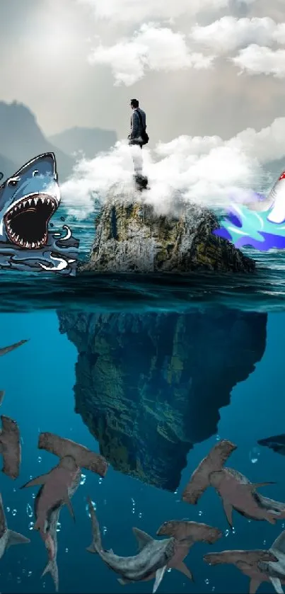Man and Sharks at Sea - free download