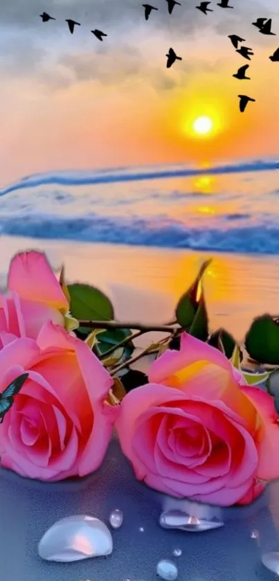 Pink Roses Beach Sunset Wallpaper - free download
