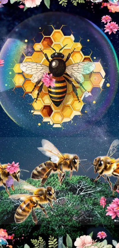 Vibrant Bees and Hexagon Art - free download