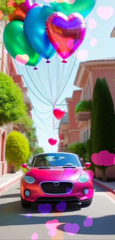 Vibrant Car with Heart Balloons - free download