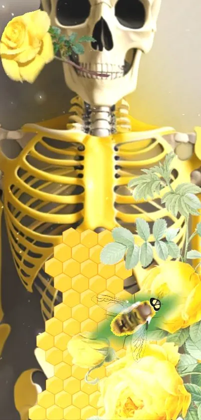 Yellow Skeleton with Roses Art - free download